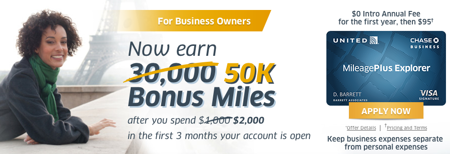 FLY101: Chase MileagePlus Explorer Business Card核卡禮50,000 Miles，首年免年費
