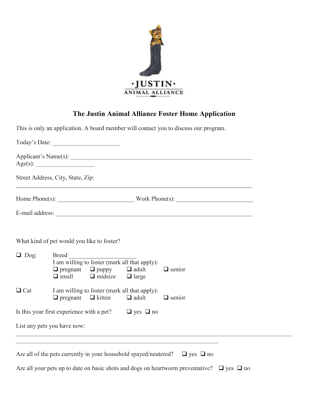 The Justin Animal Alliance: The Justin Animal Alliance Brochure/Forms