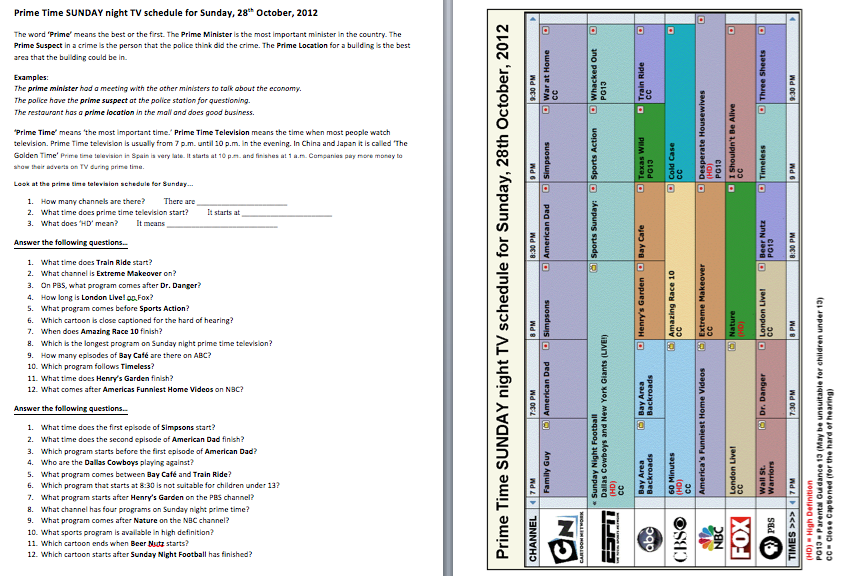 OUR ENGLISH CLASS: Reading skill: TV guide