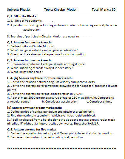 Question Papers: Circular Motion theory