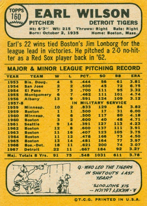 1968 Topps Baseball: Earl Wilson (#160)