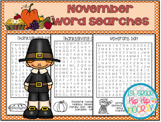 1st Grade Hip Hip Hooray!: November Word Searches...Print and Go!