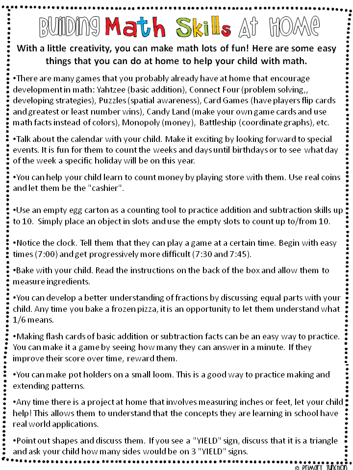 Building Math Skills at Home - Parent Handout - Classroom Freebies