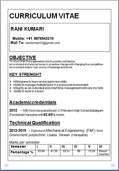 Diploma in Mechanical Engineering Fresher Resume Format in Word
