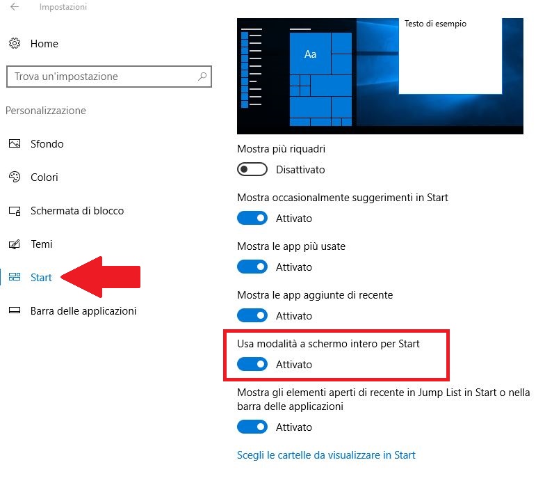 Come regolare dimensioni Menu Start Windows 10