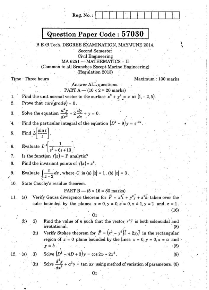 MA6251 Mathematics II BE Exam 2014 Anna University 2nd Semester ...