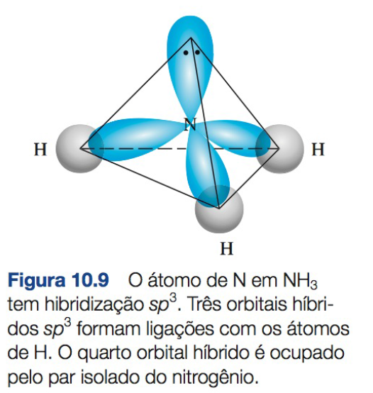O átomo de N em NH3 tem hibridização sp3
