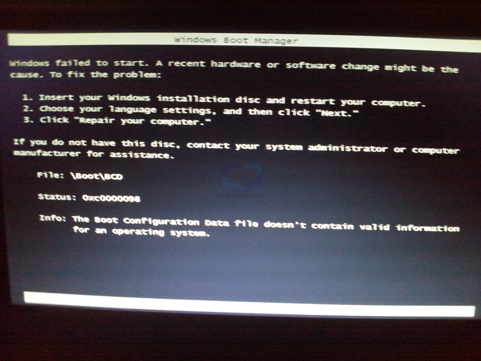Reparar arranque de Windows: boot\BCD error code 0xc0000098