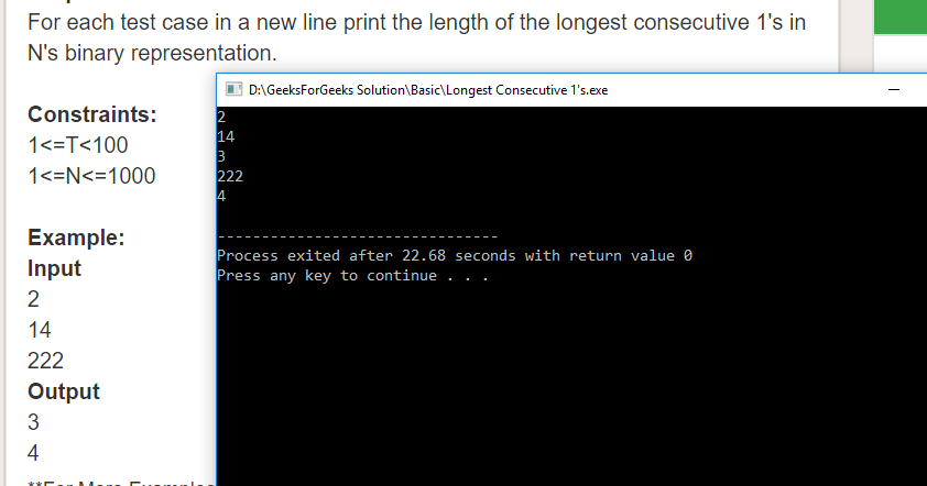 Geeksforgeeks Solution For " Longest Consecutive 1's