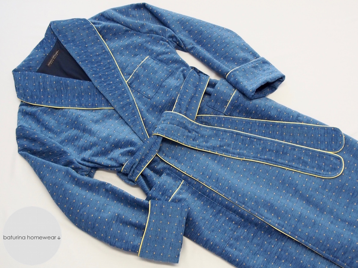 Long Warm Blue Cotton Velvet Men's Luxury Dressing Gown