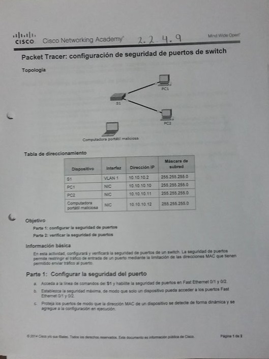 CISCO#2: CONFIGURACIÓN DE SEGURIDAD DE PUERTOS DE SWITCH
