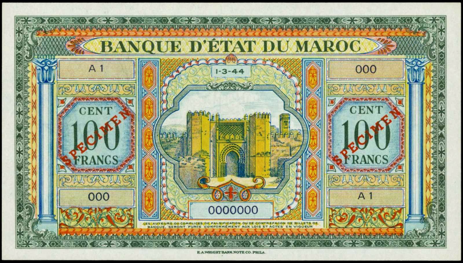 Morocco 100 Francs banknote 1944|World Banknotes & Coins Pictures | Old ...