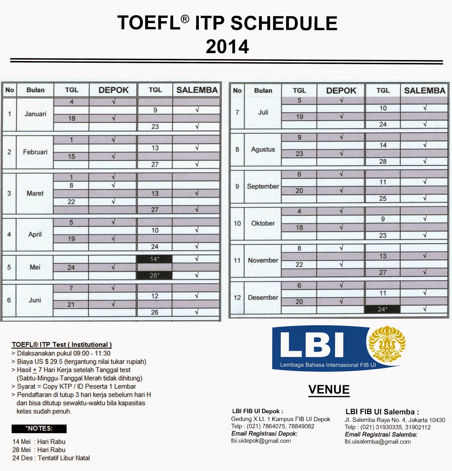 TOEFL® ITP Schedule ~ LBI FIB UI
