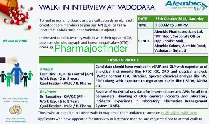 ALEMBIC PHARMACEUTICALS LTD. WALK - IN INTERVIEW For Quality Control ...