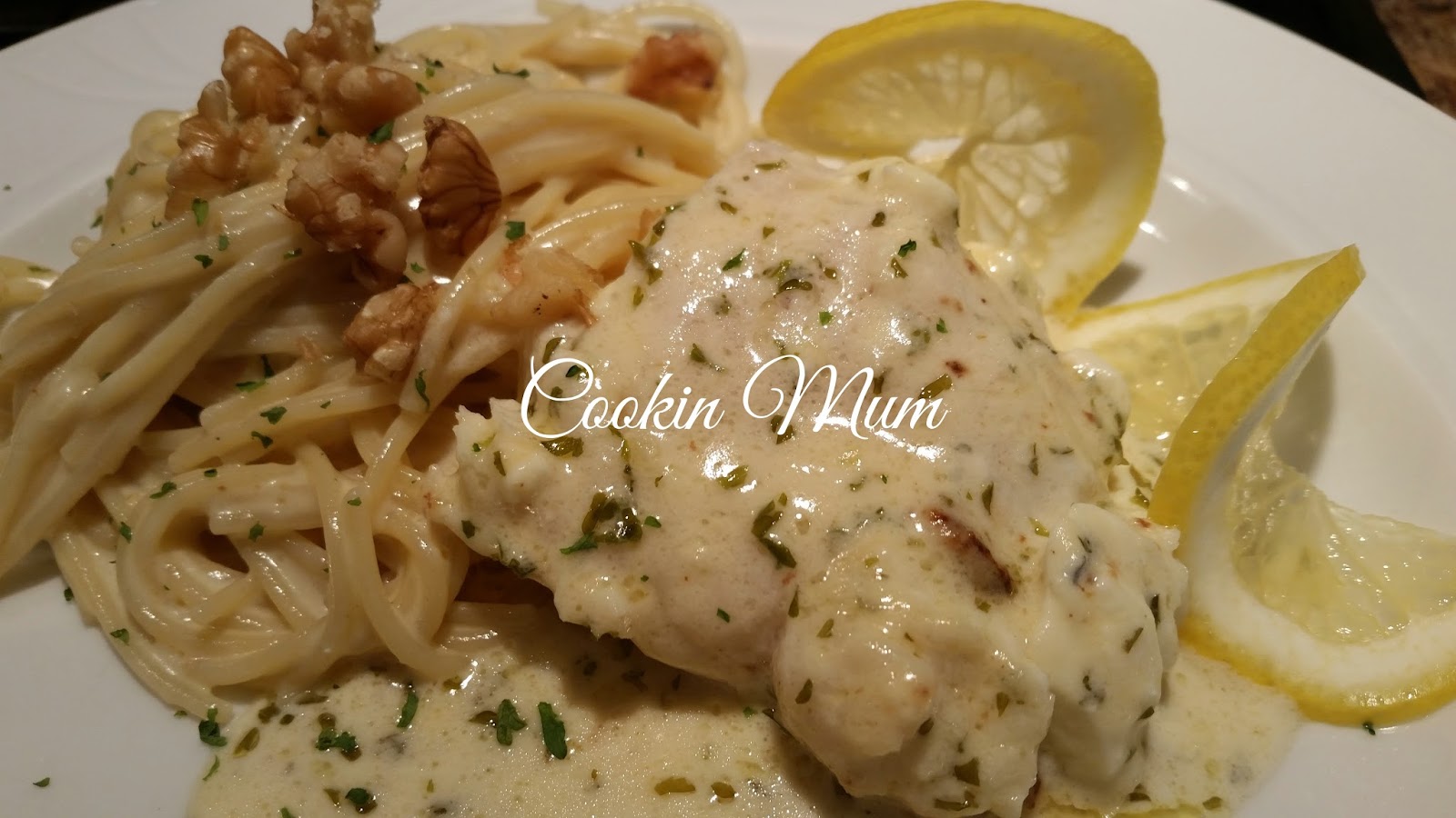 Simple Alfredo Sauce on Pasta w/ Lemon Baked Cod
