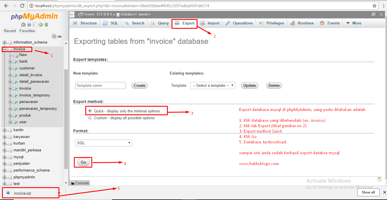 Cara Export Database MySQL di PhpMyAdmin - Hakko Blog's
