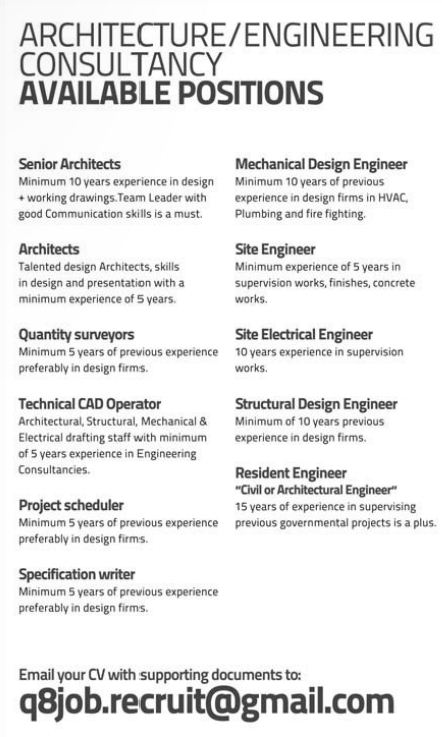 Architectural Engineering Consultancy positions available in Kuwait