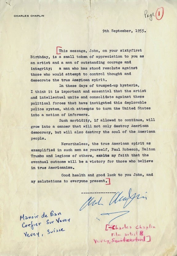 Stars and Letters: Chaplin's support for The Hollywood Ten
