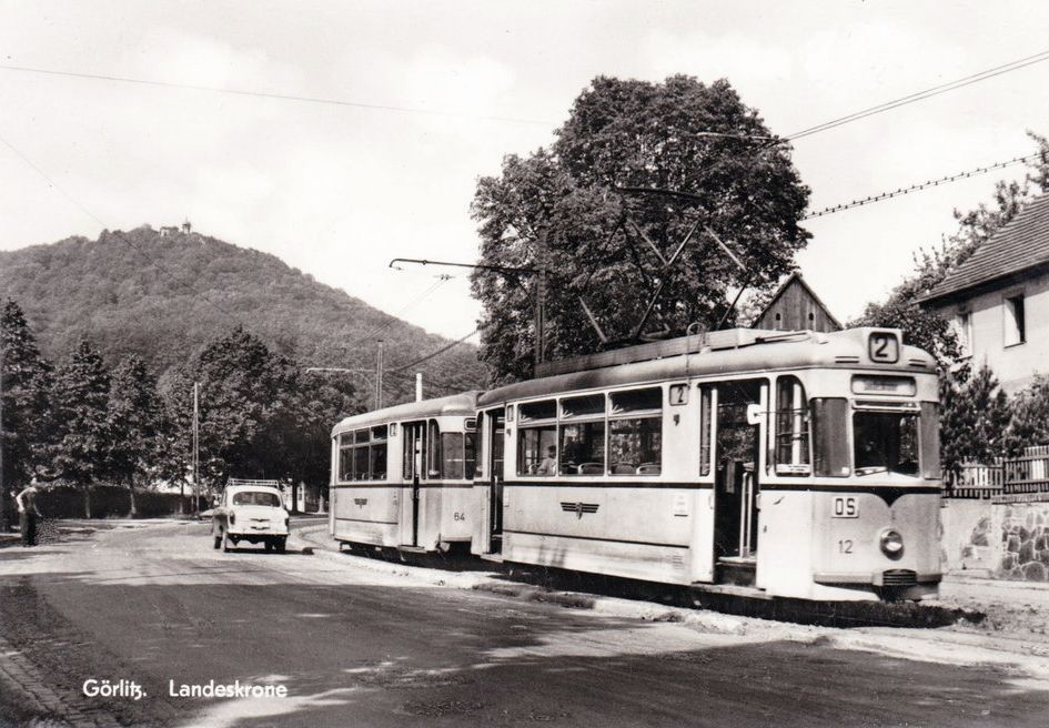 transpress nz: Görlitz tram with the Landeskrone, DDR, 1960s