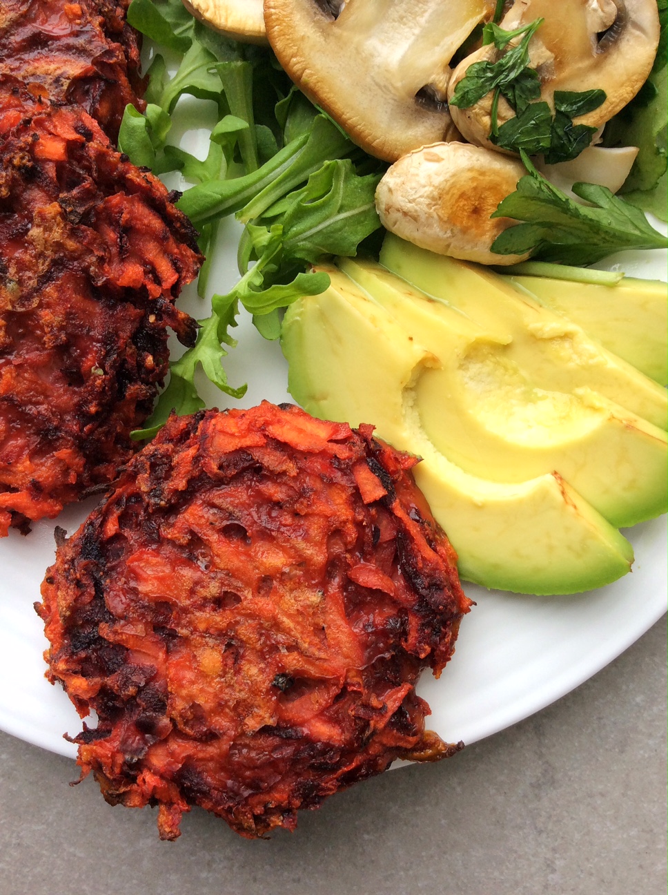 Beetroot & Carrot Fritters with Garlic Mushroom Salad