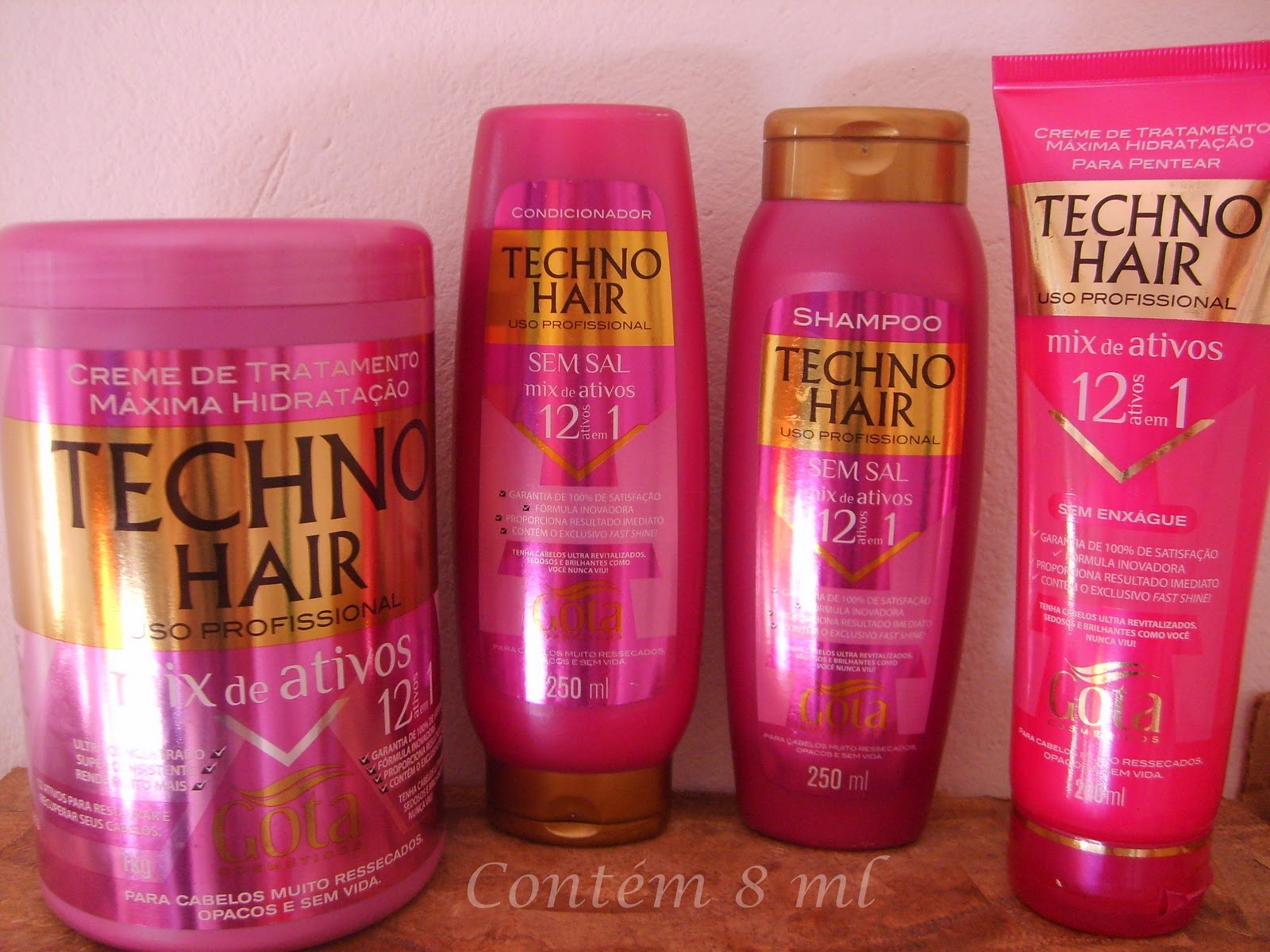 Contém 8 ml: Produtos Testados: Techno Hair, Mix de Ativos, Gota Dourada