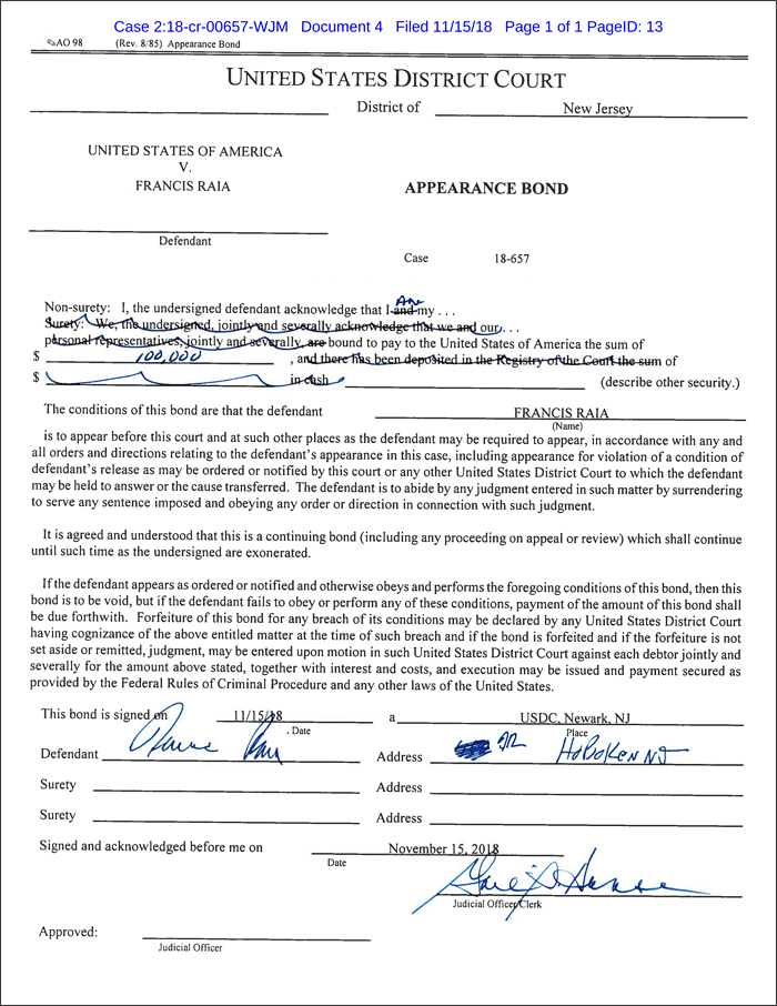 Frank Raia's arraignment and (intriguing) Scheduling Order