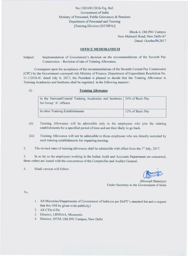 7th Pay Commission – Revision of rate of Training Allowance. | DOP Core ...