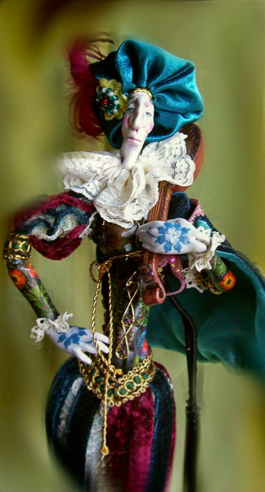The Mandolin Player, one of a kind porcelain ball jointed doll figure