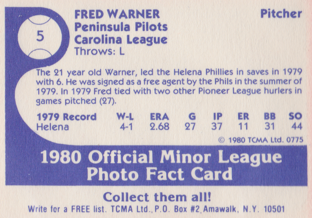 Number 5 Type Collection: 1980 TCMA Peninsula Pilots Baseball #5, Fred ...