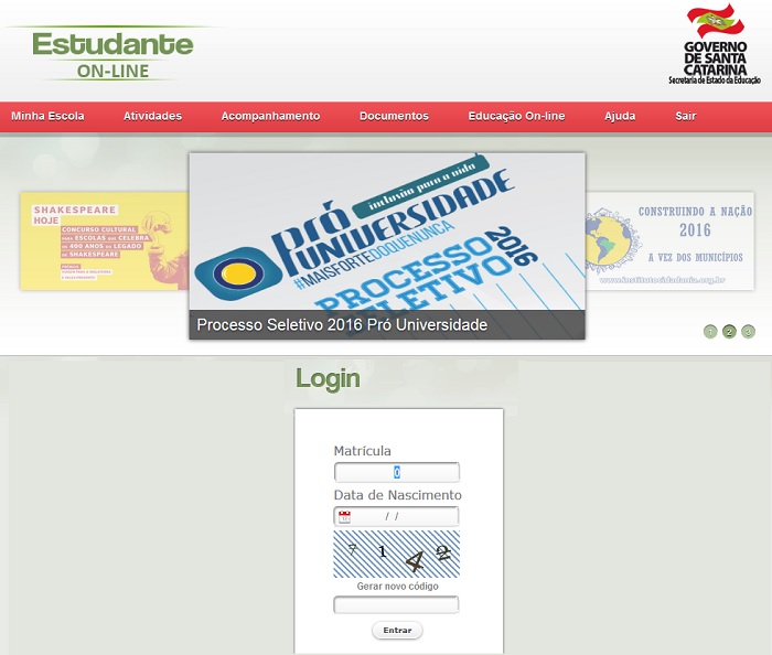 INFORMAÇÕES SOBRE O ESTUDANTE ONLINE DE SC