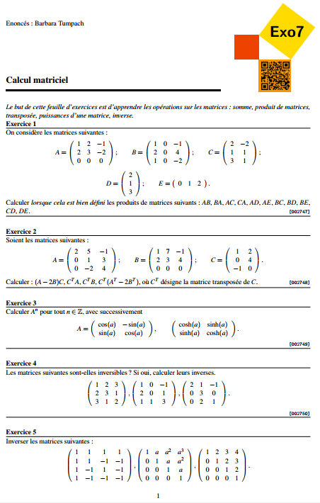 exercices corrigés Calcul matriciel | SMC