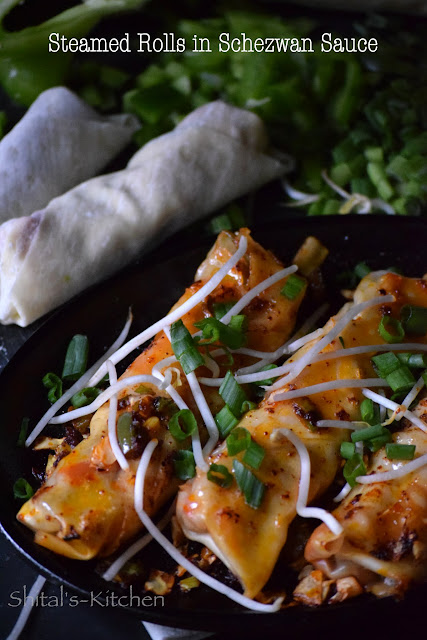 Shital's-Kitchen: Steamed Rolls in Schezwan Sauce