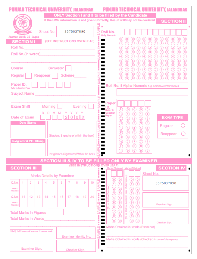 Punjab Technical University OMR Sheet Sample Copy ~ NORTH INDIA CAMPUS