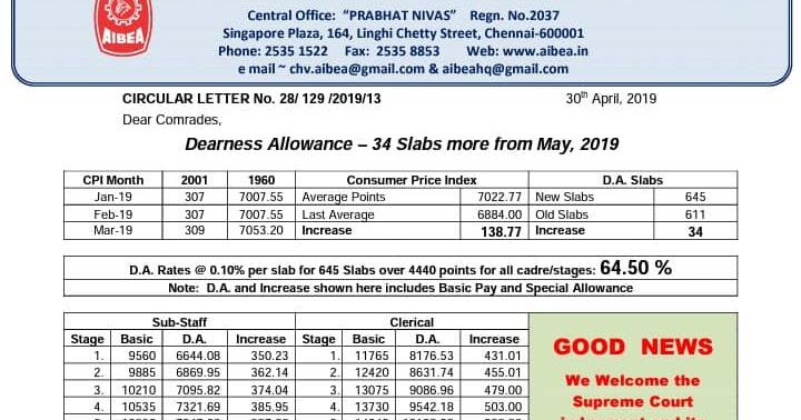 Bank Employees Dearness Allowance (DA) For May to July 2019