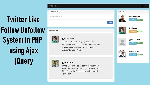 Twitter Like Follow Unfollow System in PHP using Ajax jQuery | Webslesson Twitter Like Follow Unfollow System in PHP using Ajax jQuery | Webslesson