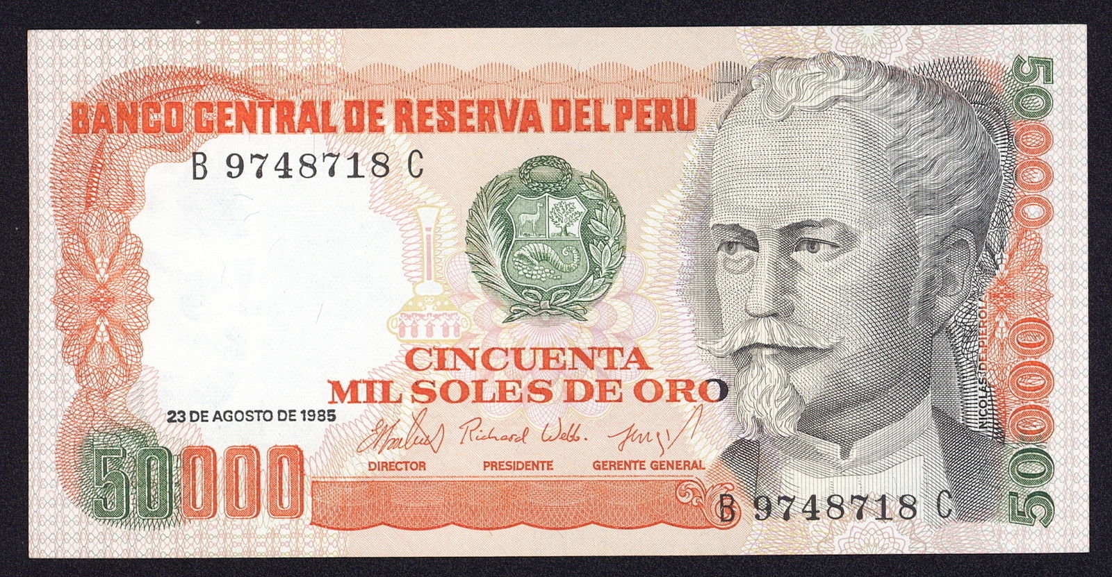 Peru 50000 Soles de Oro banknote 1985 Nicolas de Pierola|World ...