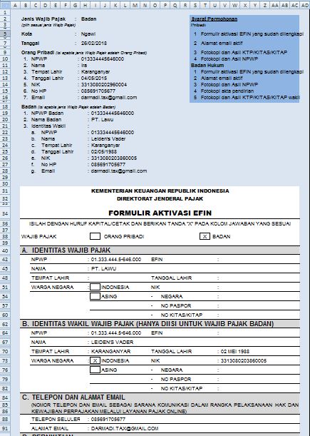 Formulir Excel Aktifasi EFIN Pajak