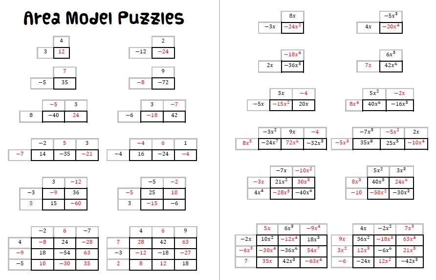 Factoring Using Area Models Worksheets