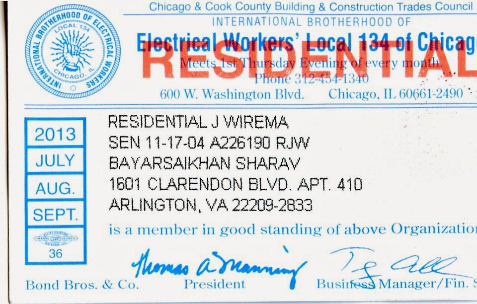 Electric Work: I.B.E.W. Union Local Number 134 Membership Card