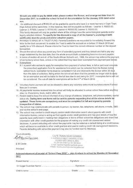 Cape Town High School: CTHS School Fees - Jan '18