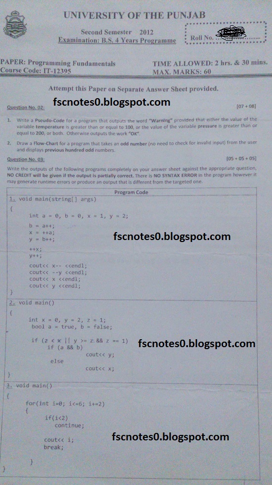 BS (Hons) IT Information Technology Past Papers Semester 2 Programming ...
