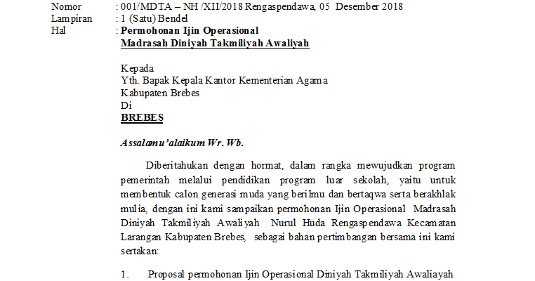 AL HUDA: contoh proposal izin operasional mdta