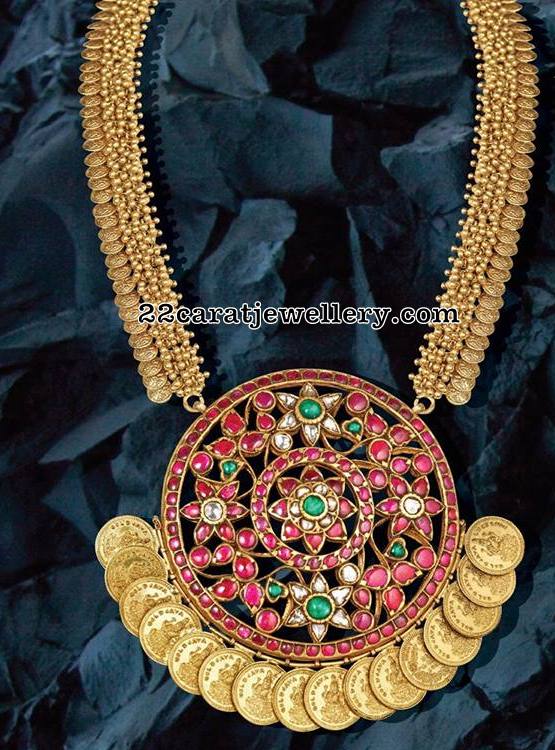 Swirls Kasu Mala with Temple Pendant - Jewellery Designs
