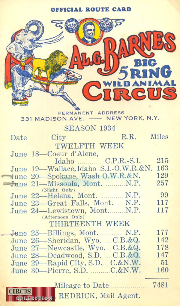 Circus -Collection: Al.G. Barnes circus 1934, official route card