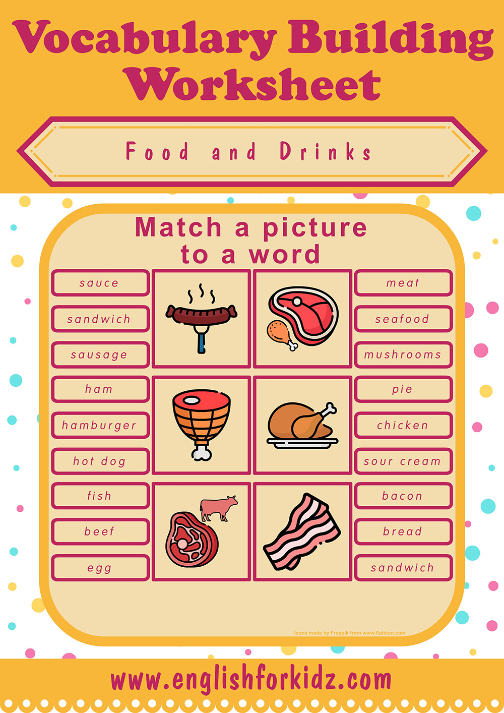 English for Kids Step by Step: Food & Drinks Worksheets: Picture to ...