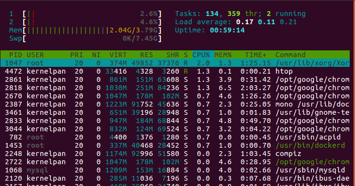 Show process list using htop on Ubuntu | New Study Club