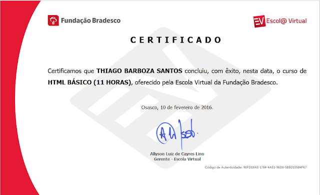 Aprendendo a programar : Certificado do curso HTML básico - Bradesco