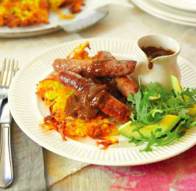 Oven Baked Potato Rosti, Sausages and Onion Gravy recipe - All in one ...