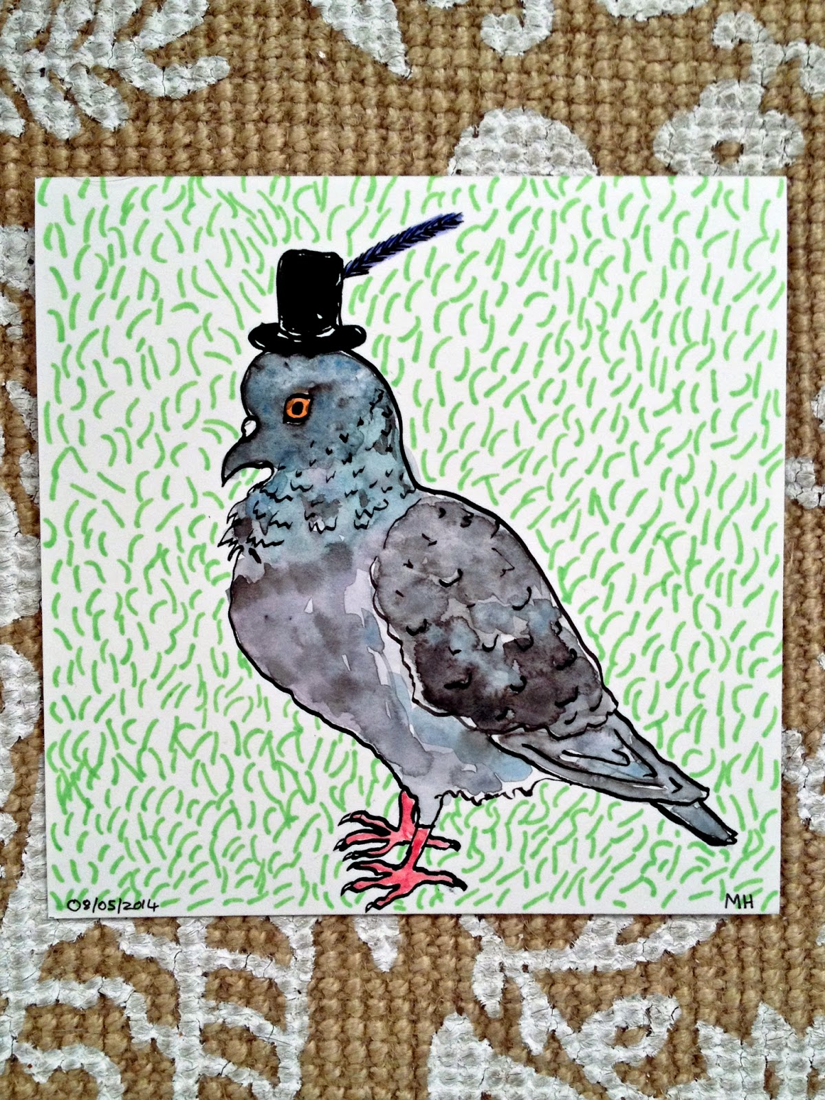 Pulling Prints: Drawing a Day 16 - Pigeon in Top Hat.