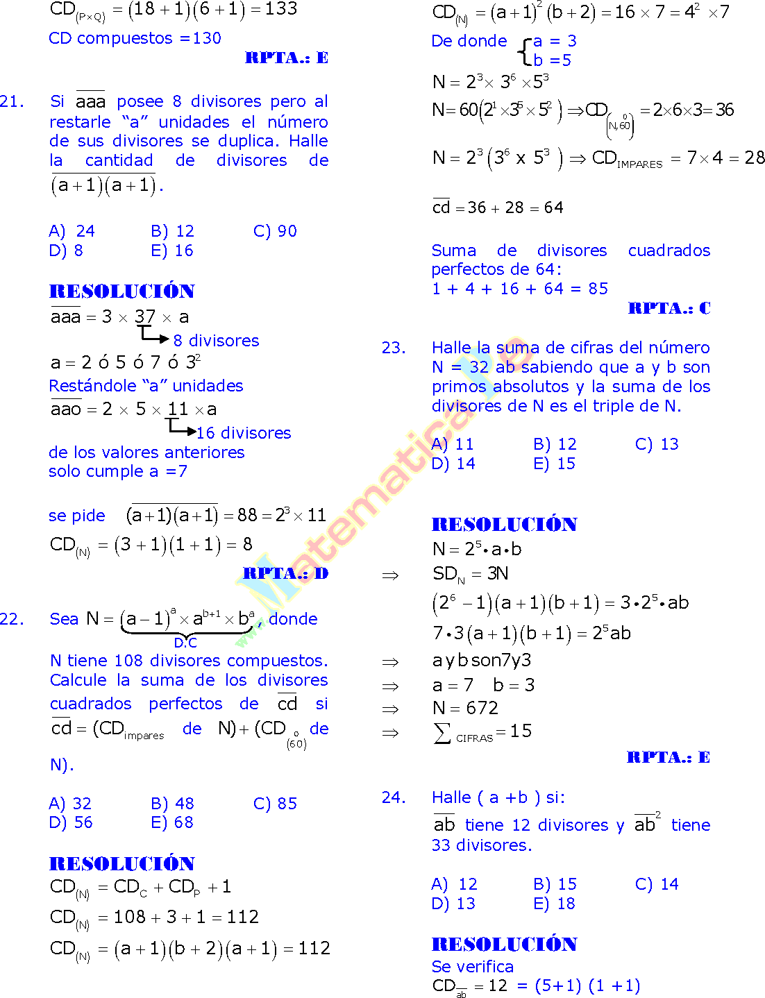 NÚMEROS PRIMOS EJERCICIOS RESUELTOS DE ARITMÉTICA PREUNIVERSITARIA EN PDF
